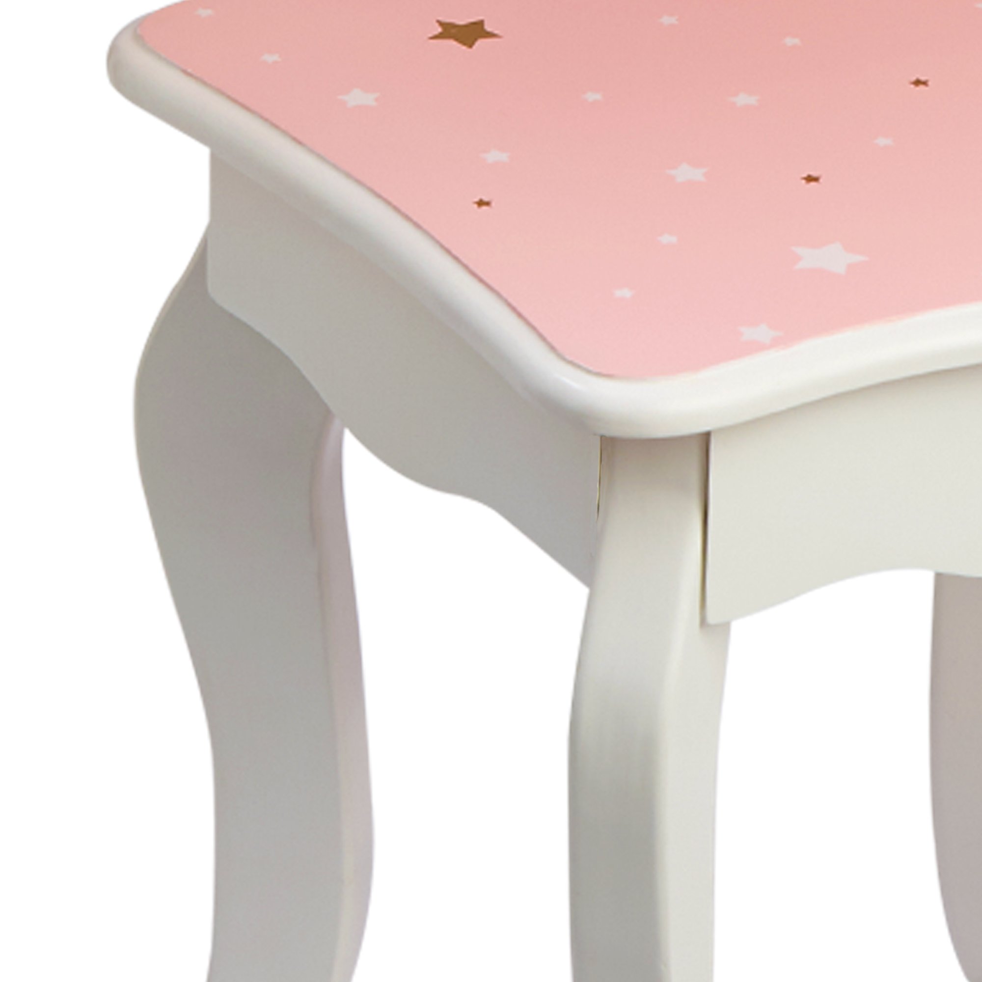 Teamson Kids Princess Gisele Twinkle Star Print 2-Piece Kids Wooden Play Vanity Set with Vanity Table, Tri-Fold Mirror, Storage Drawer, and Matching Stool, White with Pink and Gold Star Accent