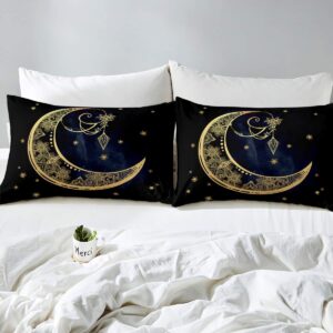 Feelyou Bohemian Duvet Cover Set Queen Size Boho Bedding Set 3D Printed Luxury Stars Moon Print Comforter Cover Microfiber Mandala Bedspread Cover with 2 Pillow Shams Golden Black Ultra Soft Zipper