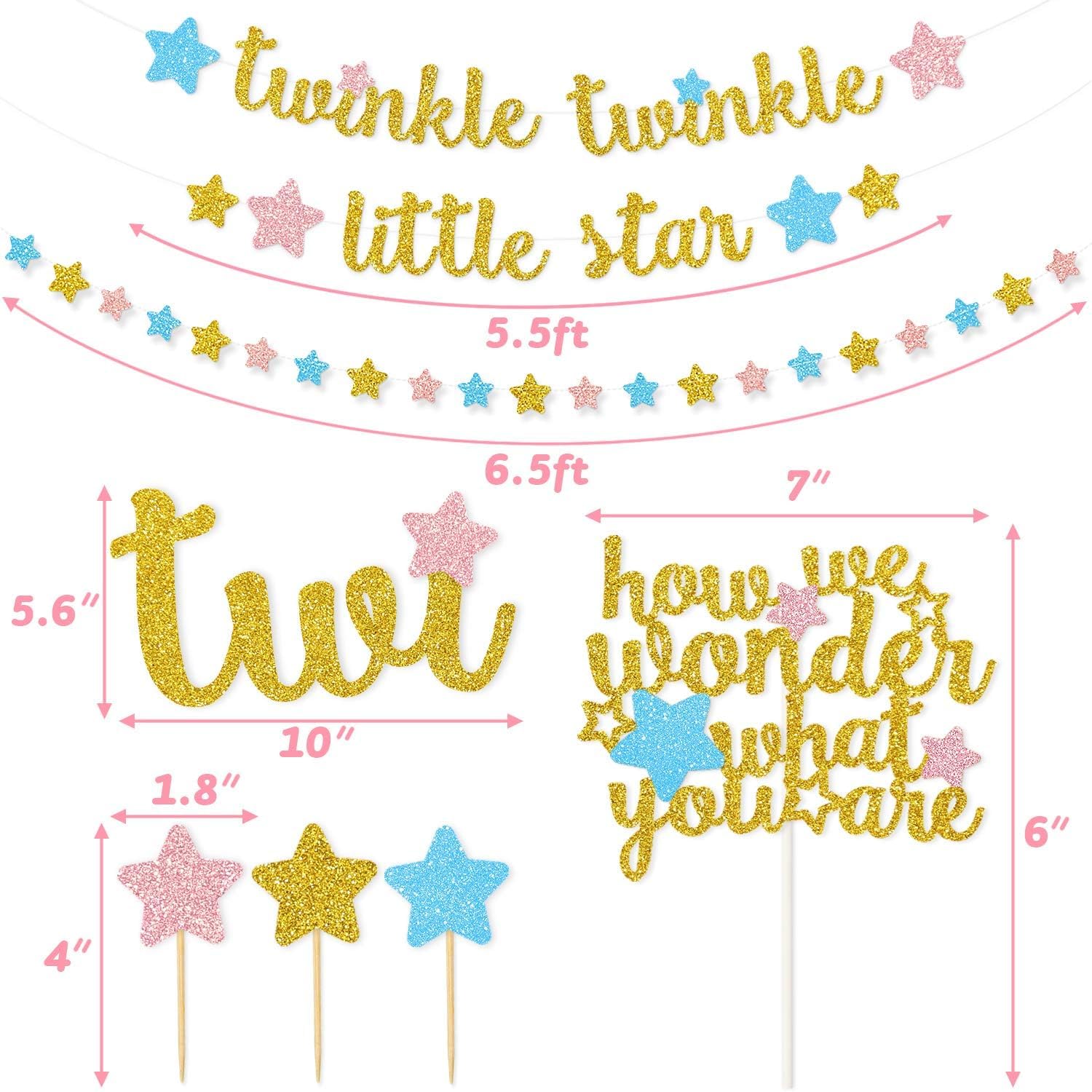 Twinkle Twinkle Little Star Party Decor Gender Reveal Birthday Party Decorations Pinkk Blue Gold Star Banner Cake Topper Balloons Moon and Star Boy or Girl He or She Baby Shower Supplies