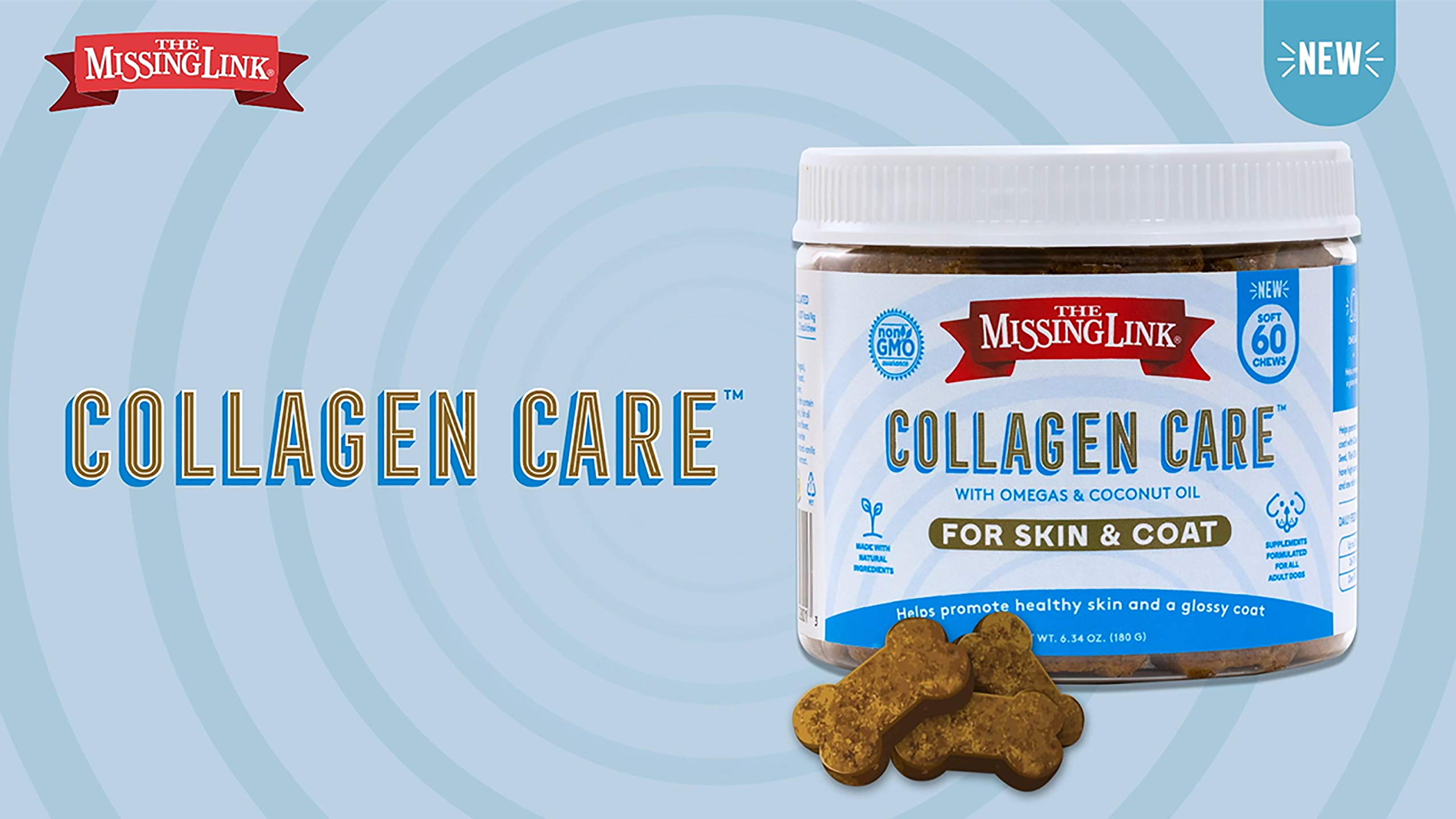 The Missing Link Collagen Care Skin & Coat Soft Chews 60ct - Daily Hair Growth, Healthy Skin & Strong Nails Support for Dogs