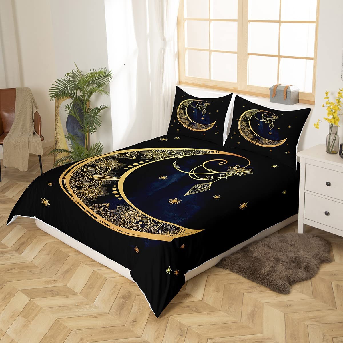 Feelyou Bohemian Duvet Cover Set Queen Size Boho Bedding Set 3D Printed Luxury Stars Moon Print Comforter Cover Microfiber Mandala Bedspread Cover with 2 Pillow Shams Golden Black Ultra Soft Zipper