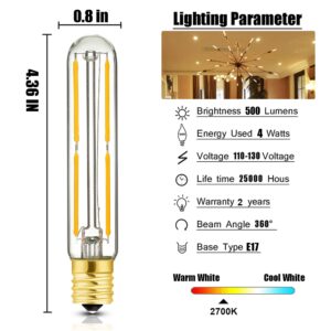 E17 T6.5 LED Tubular Filament Bulb,Dimmable 4W Led Tube Bulbs, 500lm, 2700K Warm White, 40 Watt Incandescent Bulb Equivalent, for Exit Sign Light, Refrigerator, Freezer, 6 Pack.