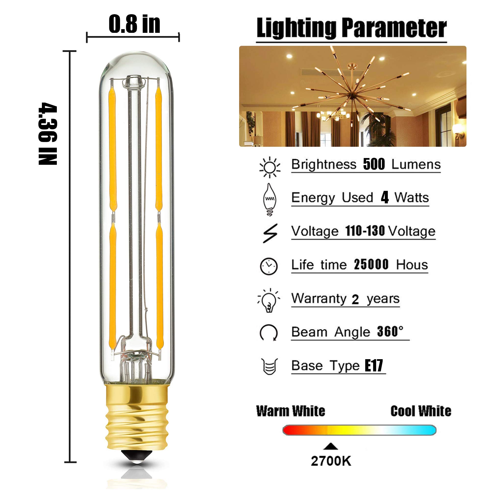 E17 T6.5 LED Tubular Filament Bulb,Dimmable 4W Led Tube Bulbs, 500lm, 2700K Warm White, 40 Watt Incandescent Bulb Equivalent, for Exit Sign Light, Refrigerator, Freezer, 6 Pack.