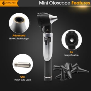 Cynamed Mini Otoscope - Portable Ear Light and Exam Kit for Home and Professional Use - 4X Magnifying Fiber Optic Scope with Spare Tips, Bulb, and Carrying Case - Pocket Diagnostic Equipment (Black)