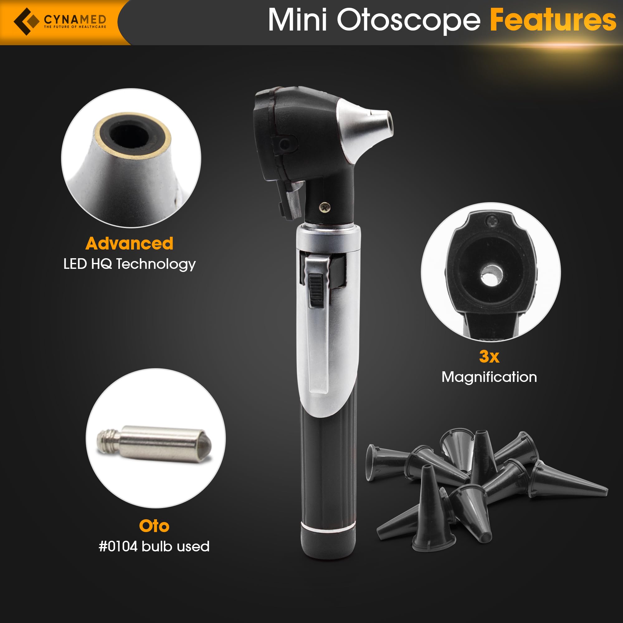 Cynamed Mini Otoscope - Portable Ear Light and Exam Kit for Home and Professional Use - 4X Magnifying Fiber Optic Scope with Spare Tips, Bulb, and Carrying Case - Pocket Diagnostic Equipment (Black)