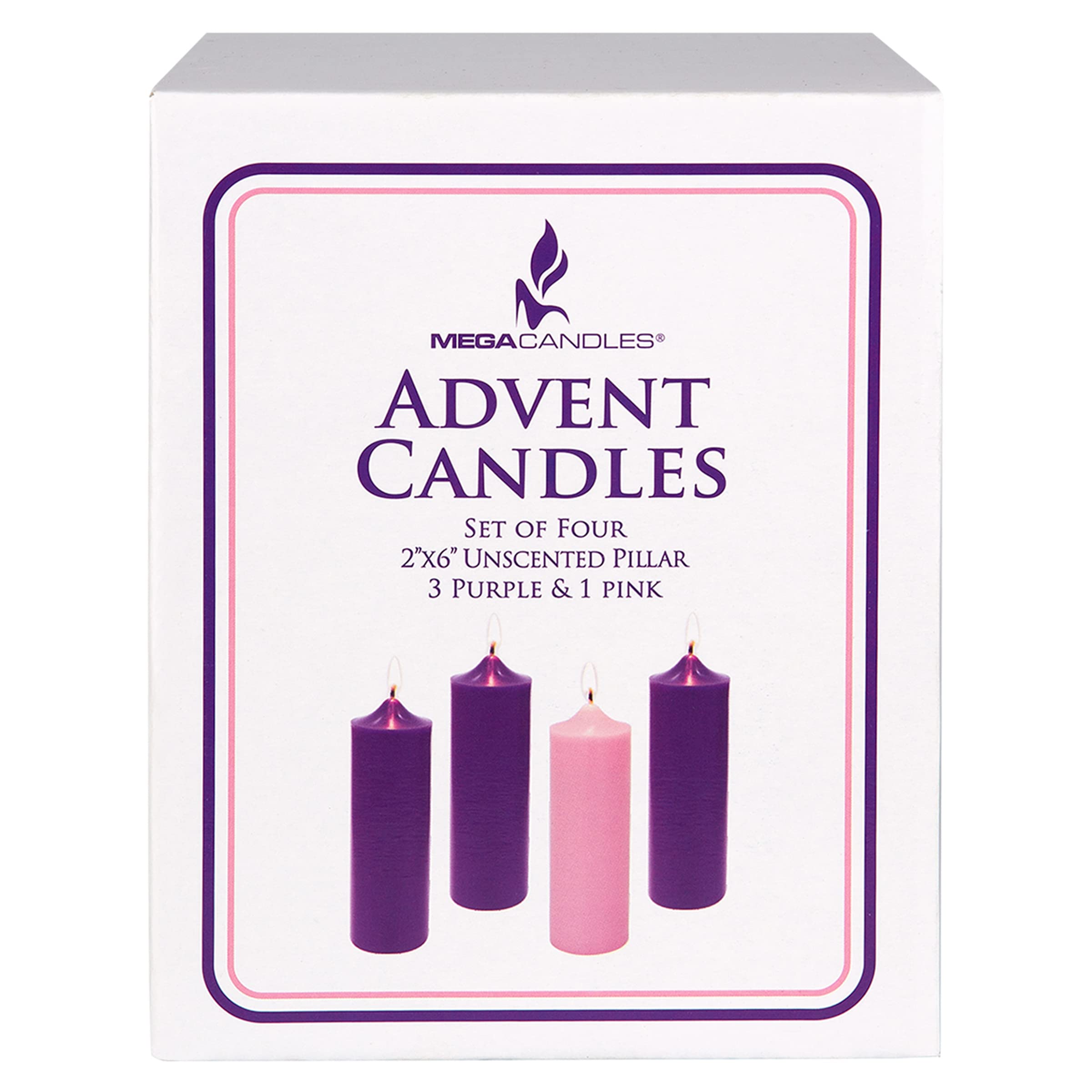 Mega Candles 4 pcs Unscented Christmas Advent Candles Set, Hand Poured Premium Wax Bell Top Round Pillar Candle 2 Inch x 6 Inch, Holidays, Celebrations, Devotional, Church, Wreath, Party, Gifts