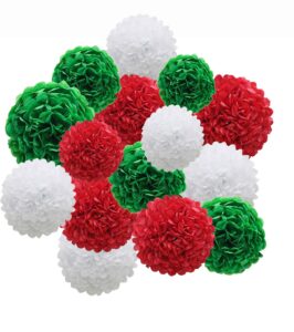 red green white paper pom poms, party decoration kit 21pcs of 8,10,12 inch tissue flowers for christmas graduation birthday fiesta celebration events