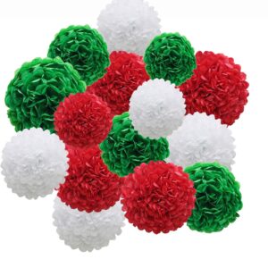 Red Green White Paper Pom Poms, Party Decoration Kit 21pcs of 8,10,12 inch Tissue Flowers for Christmas Graduation Birthday Fiesta Celebration Events