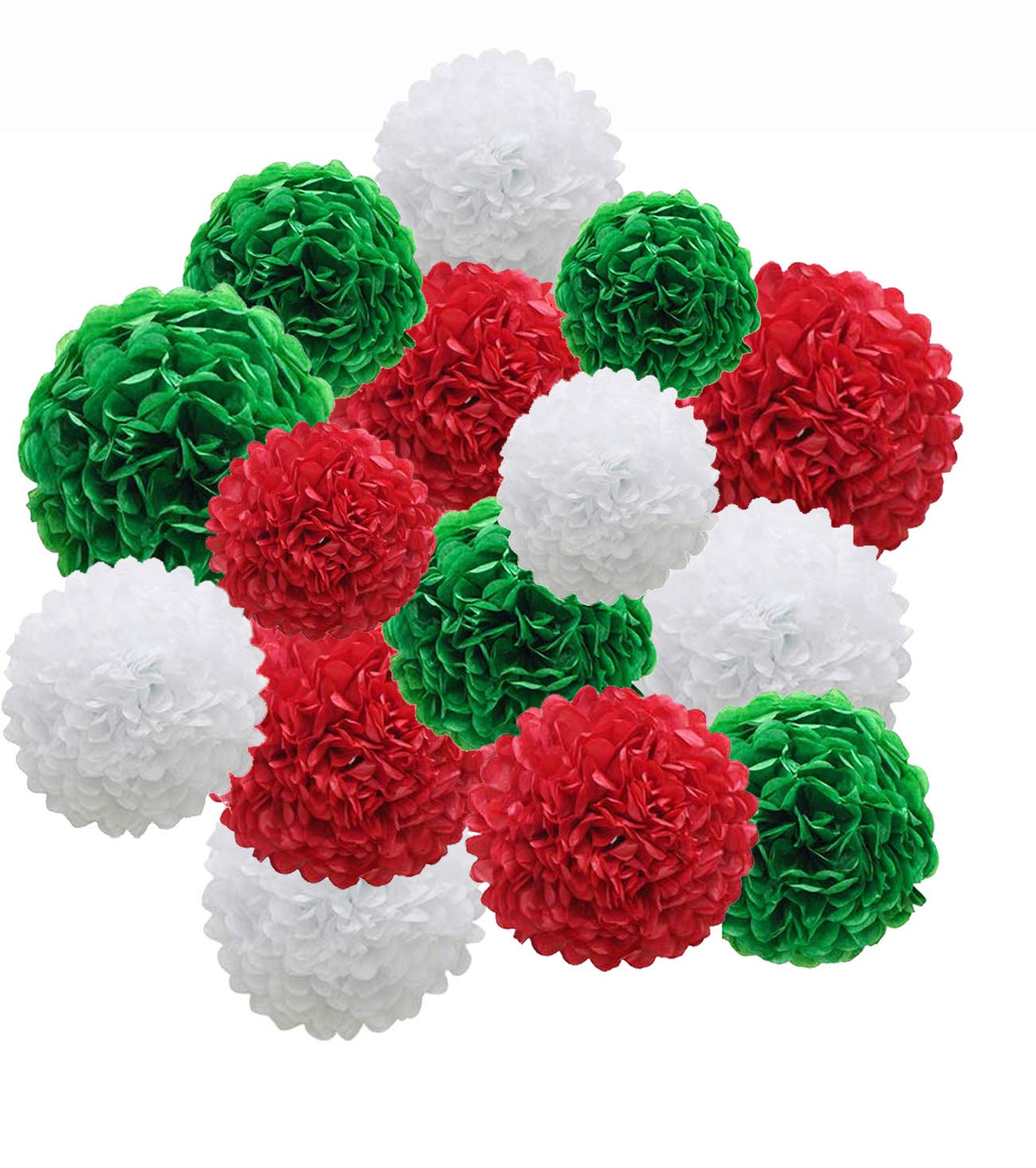 Red Green White Paper Pom Poms, Party Decoration Kit 21pcs of 8,10,12 inch Tissue Flowers for Christmas Graduation Birthday Fiesta Celebration Events