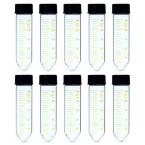 centrifuge tube, 50ml borosilicate glass material, conical bottom, centrifuge vials with printed graduation and black screw cap, no-leak, non-sterile (50ml, pack of 10)