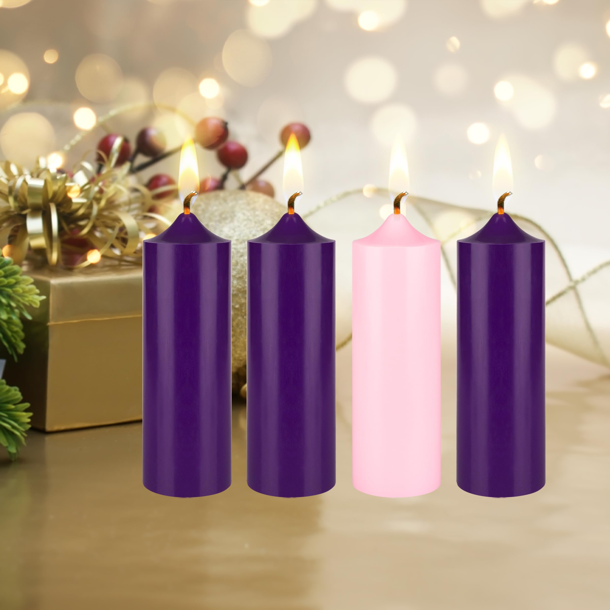 Mega Candles 4 pcs Unscented Christmas Advent Candles Set, Hand Poured Premium Wax Bell Top Round Pillar Candle 2 Inch x 6 Inch, Holidays, Celebrations, Devotional, Church, Wreath, Party, Gifts