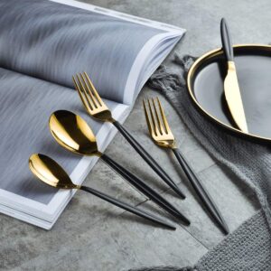 20 Piece Black Gold Flatware Set, Stainless Steel Silverware Set, Titanium Gold Spoon and Spray Paint Handle Cutlery Set, Service Set for 4 (Matt Black with Shiny Gold)