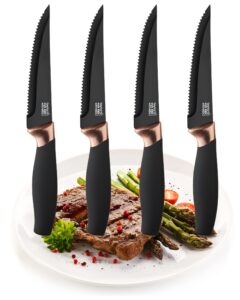 taylors eye witness steak knives set of 4 - brooklyn serrated black ceramic-coated blade with copper-plated bolster. corrosion-free, easy clean ceramic coating. soft grip handle. 2 year guarantee