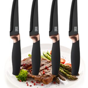 Taylors Eye Witness Steak Knives Set of 4 - Brooklyn Serrated black ceramic-coated blade with copper-plated bolster. Corrosion-Free, Easy Clean Ceramic Coating. Soft Grip Handle. 2 Year Guarantee