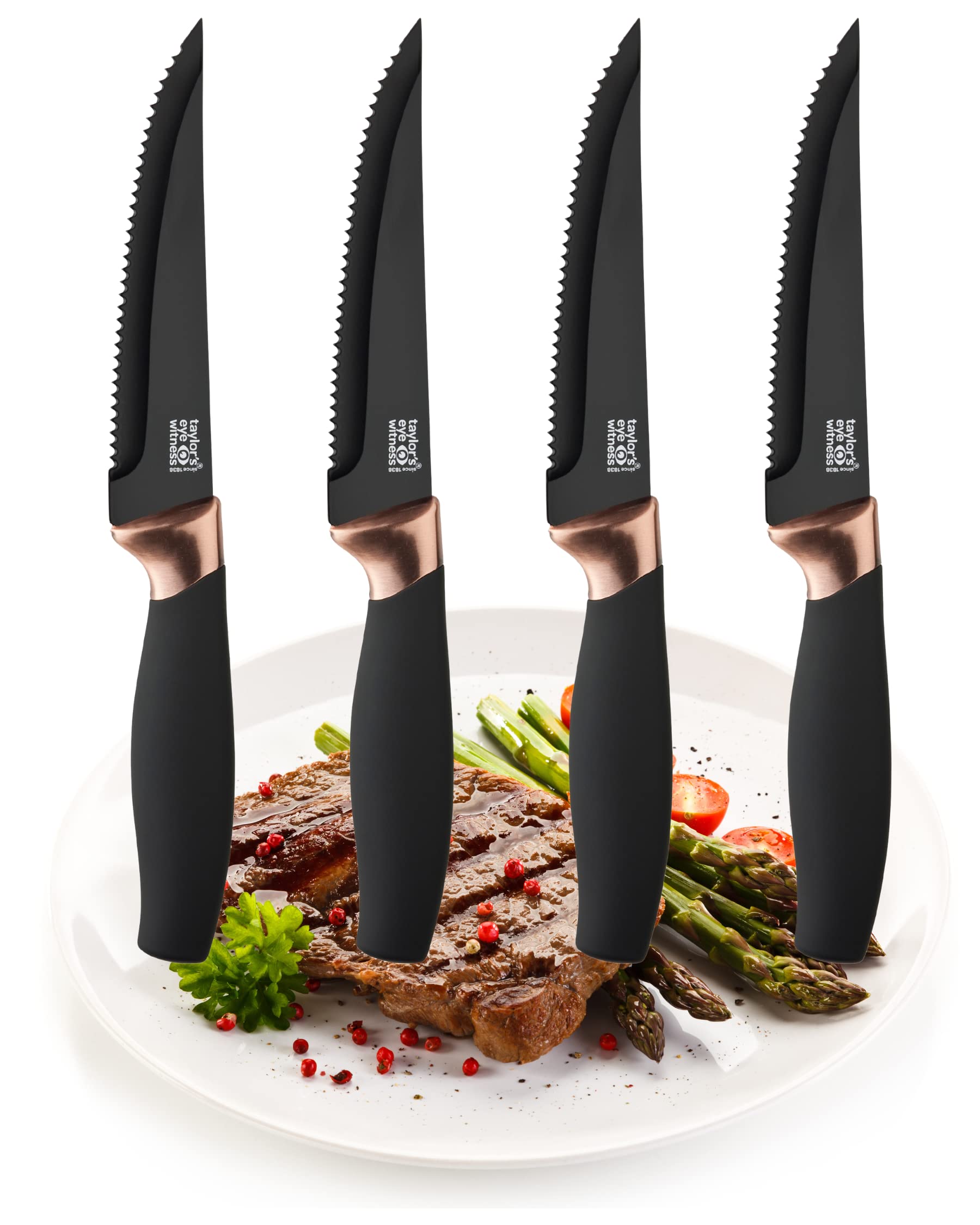 Taylors Eye Witness Steak Knives Set of 4 - Brooklyn Serrated black ceramic-coated blade with copper-plated bolster. Corrosion-Free, Easy Clean Ceramic Coating. Soft Grip Handle. 2 Year Guarantee