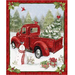 panel red trucks presents trees bunnies winter holiday collage red cotton fabric panel red truck christmas fun 36x44 panel snowman cardinal gifts snow cotton fabric (a - 36" x 44")