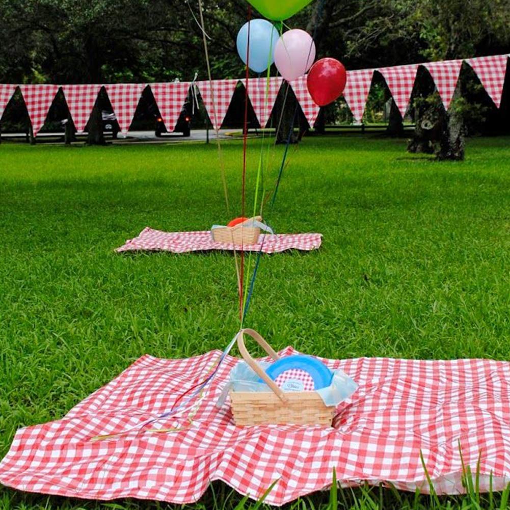 Red and White Checkered Gingham Pennant Banner with Hanging Paper Fans Set for Picnic BBQ Birthday Wedding Party Decoration