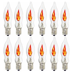 sunsgne christmas flicker flame light bulbs, crystal clear flame tip candelabra bulbs, flickering replacement bulbs dances with a orange flame, 1 watt, 120 volt, e12 candelabra base, 12 pack