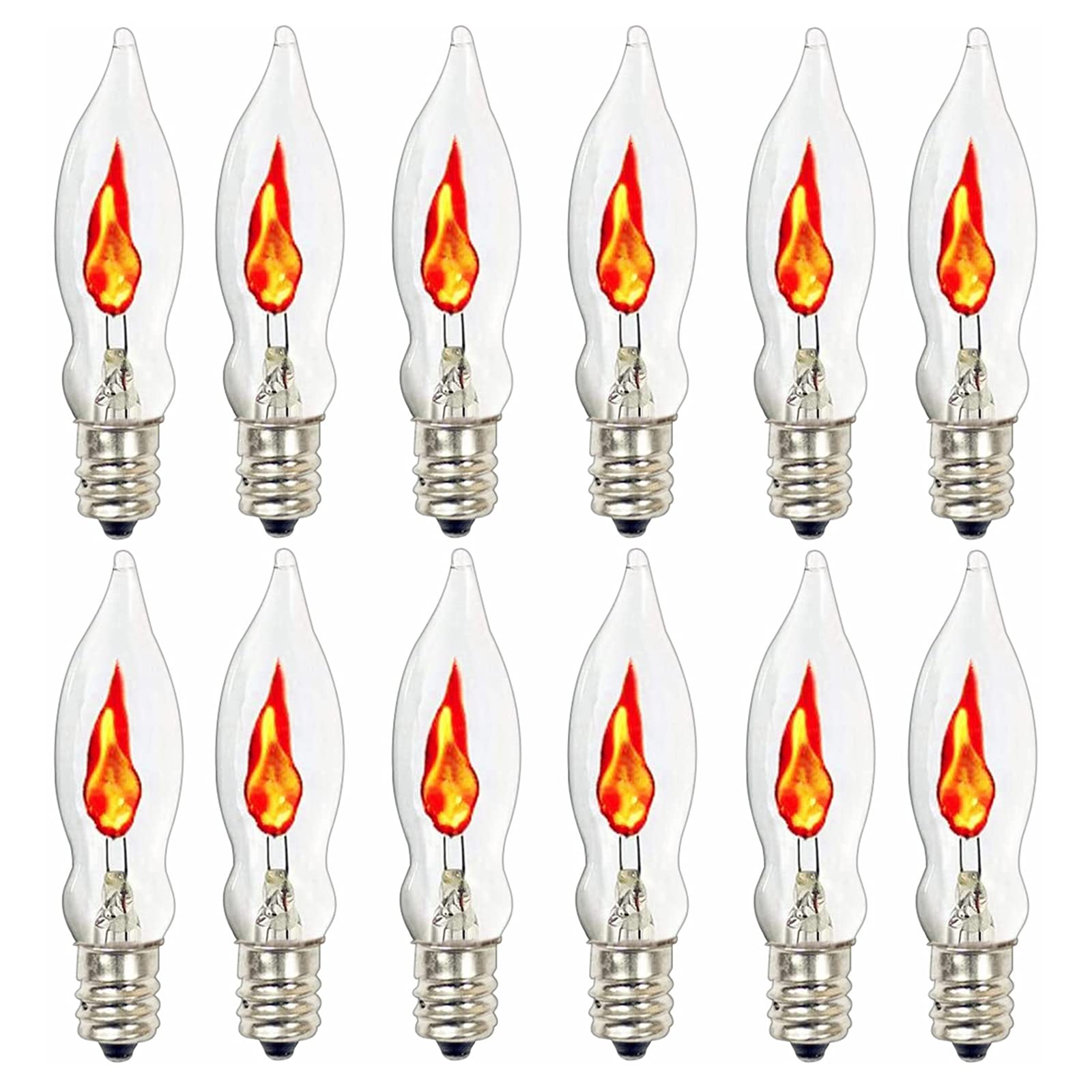 SUNSGNE Christmas Flicker Flame Light Bulbs, Crystal Clear Flame Tip Candelabra Bulbs, Flickering Replacement Bulbs Dances with a Orange Flame, 1 Watt, 120 Volt, E12 Candelabra Base, 12 Pack