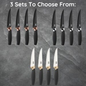 Taylors Eye Witness Steak Knives Set of 4 - Brooklyn Serrated black ceramic-coated blade with copper-plated bolster. Corrosion-Free, Easy Clean Ceramic Coating. Soft Grip Handle. 2 Year Guarantee