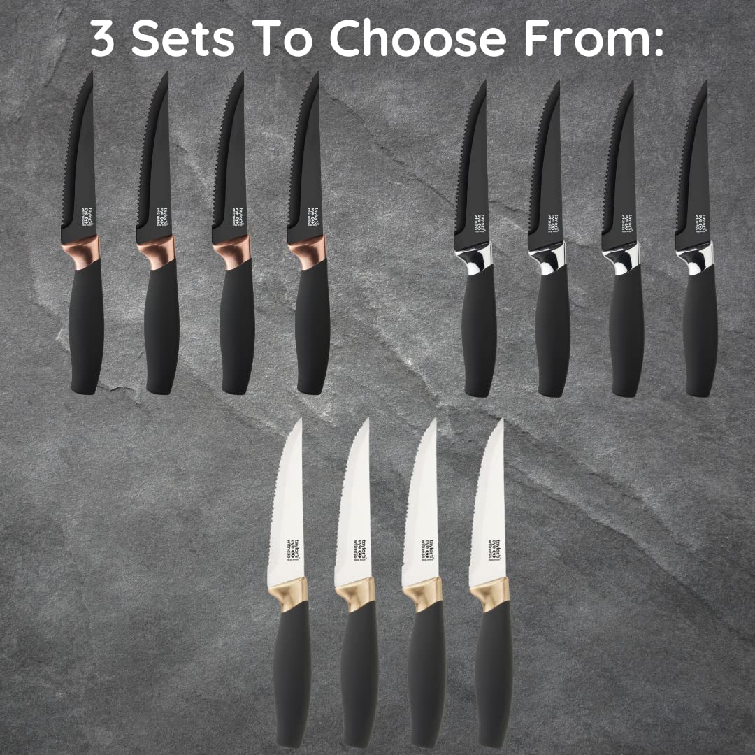 Taylors Eye Witness Steak Knives Set of 4 - Brooklyn Serrated black ceramic-coated blade with copper-plated bolster. Corrosion-Free, Easy Clean Ceramic Coating. Soft Grip Handle. 2 Year Guarantee