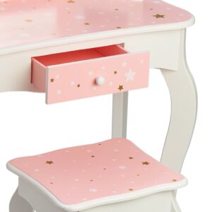 Teamson Kids Princess Gisele Twinkle Star Print 2-Piece Kids Wooden Play Vanity Set with Vanity Table, Tri-Fold Mirror, Storage Drawer, and Matching Stool, White with Pink and Gold Star Accent