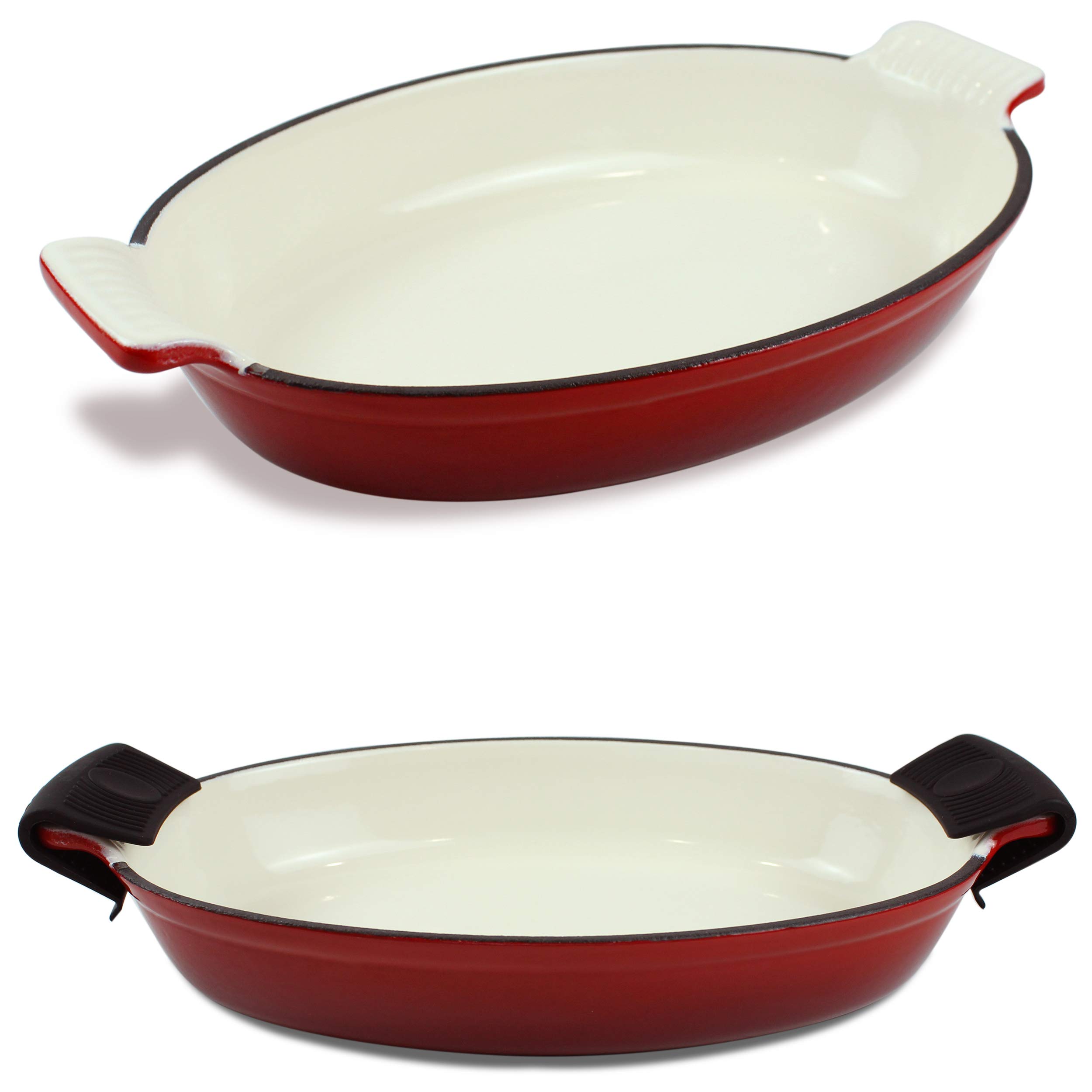 1.58 Qt Enameled Cast Iron Oval Roaster, Casserole Dish, Lasagna Pan, Deep Roasting Pan, for Cooking and Baking - Small 13.4" x 8.46" - Red