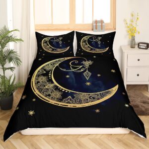 Feelyou Bohemian Duvet Cover Set Queen Size Boho Bedding Set 3D Printed Luxury Stars Moon Print Comforter Cover Microfiber Mandala Bedspread Cover with 2 Pillow Shams Golden Black Ultra Soft Zipper