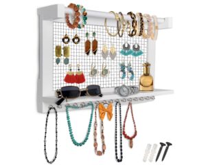 comfify rustic jewelry organizer - wall mounted jewelry holder w/removable bracelet rod, shelf & 16 hooks - perfect earrings, necklaces & bracelets holder - pure white