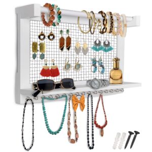 Comfify Rustic Jewelry Organizer - Wall Mounted Jewelry Holder w/Removable Bracelet Rod, Shelf & 16 Hooks - Perfect Earrings, Necklaces & Bracelets Holder - Pure White