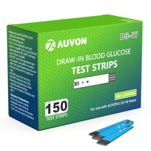 auvon ds-w draw-in blood glucose test strips for use with auvon ds-w diabetes sugar testing meter (no coding required, 150 count)