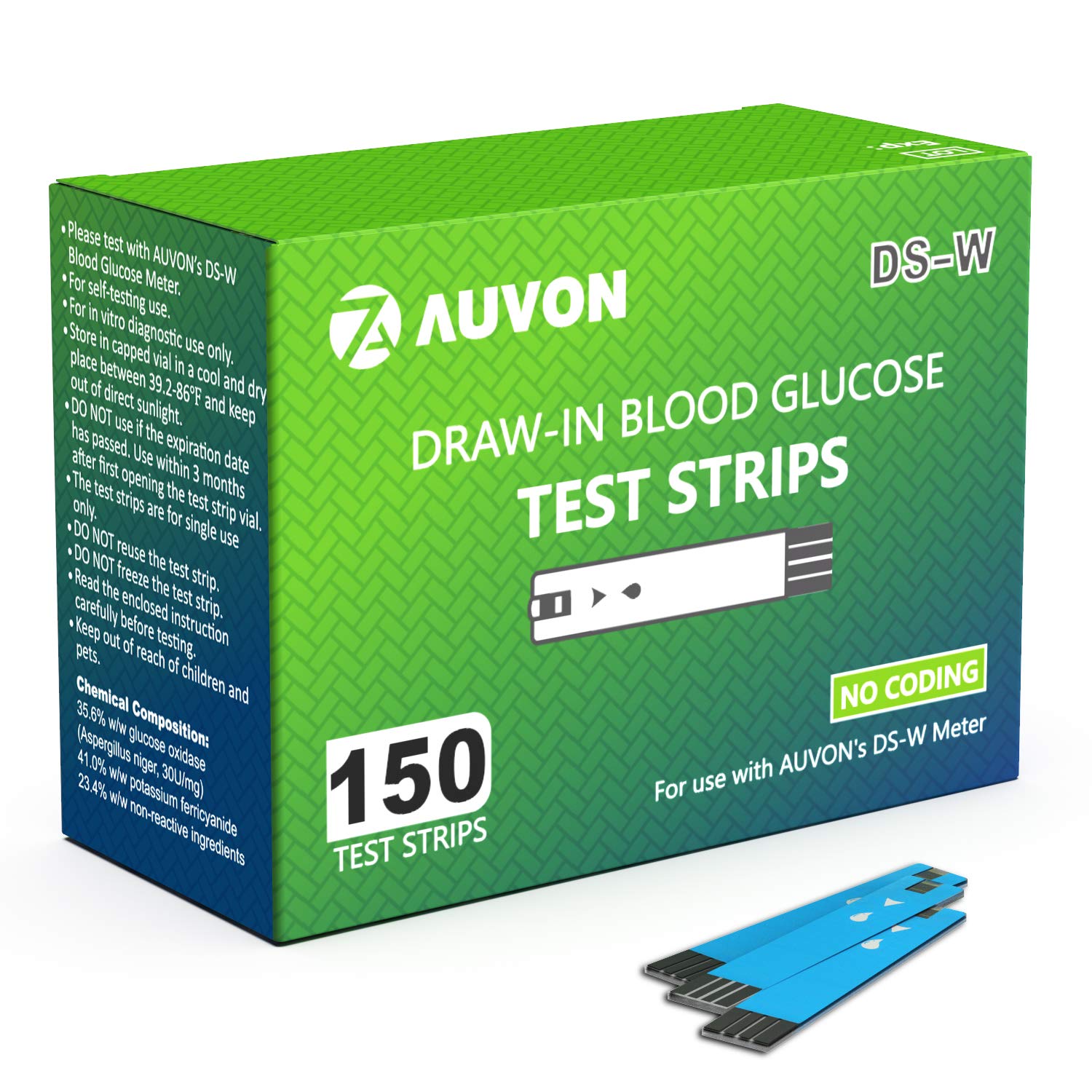 AUVON DS-W Draw-in Blood Glucose Test Strips for use with AUVON DS-W Diabetes Sugar Testing Meter (No Coding Required, 150 Count)