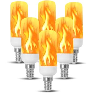 fire effect t6 t8 e12 led fire candle light bulb flame flicker tube base shape novelty lighting b11 torch bulbs 12mm diameter fitting, 100mm / 4.00" total length 120v 240v st15 med g16 ja8 cfl 6 pack