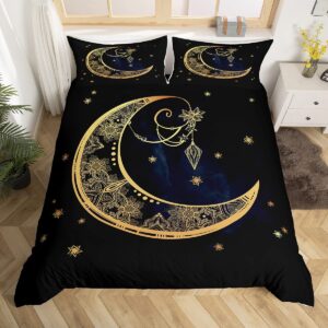 feelyou bohemian duvet cover set queen size boho bedding set 3d printed luxury stars moon print comforter cover microfiber mandala bedspread cover with 2 pillow shams golden black ultra soft zipper