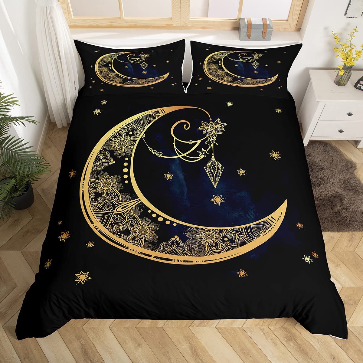 Feelyou Bohemian Duvet Cover Set Queen Size Boho Bedding Set 3D Printed Luxury Stars Moon Print Comforter Cover Microfiber Mandala Bedspread Cover with 2 Pillow Shams Golden Black Ultra Soft Zipper