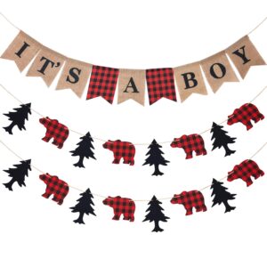 boao 3 pcs lumberjack birthday party banner lumberjack theme christmas baby shower decor it's a boy banner camping bear garland buffalo plaid woodland banner for hunting party backdrop supplies