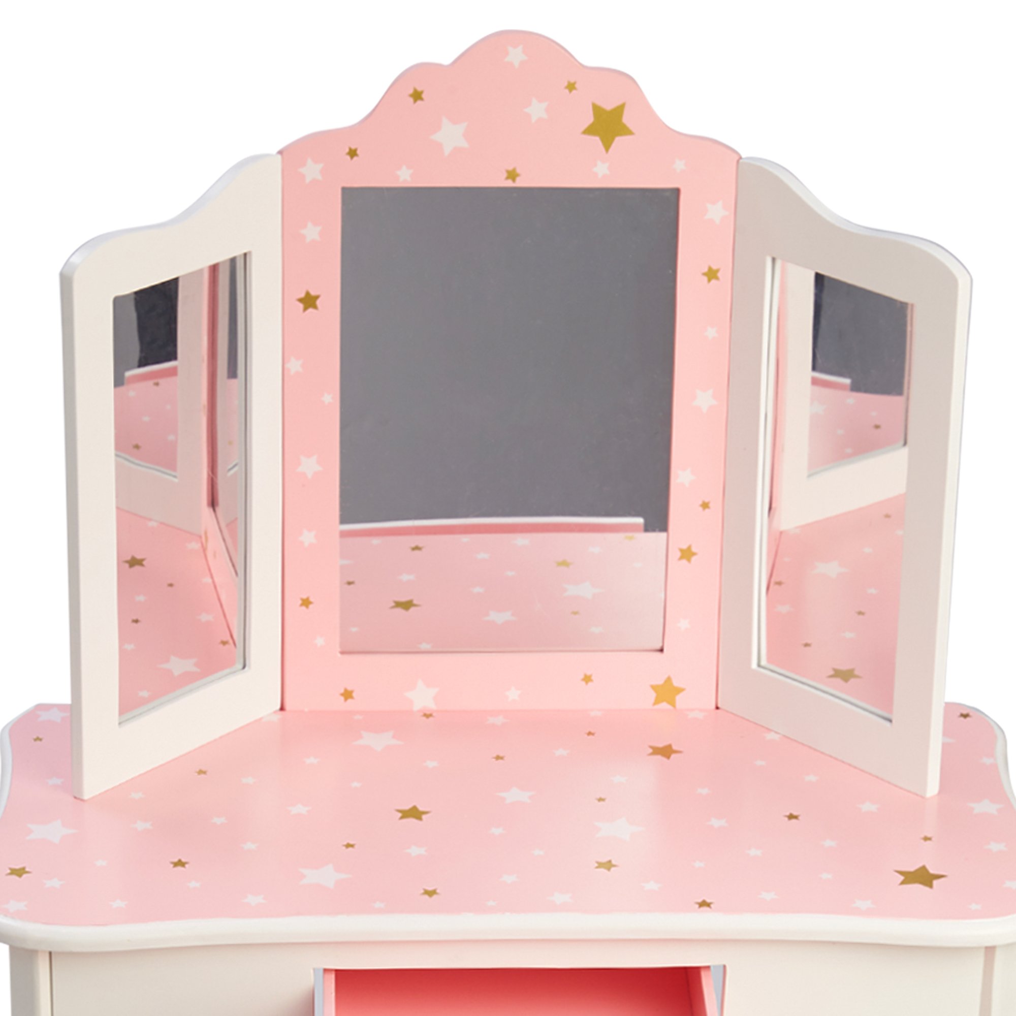 Teamson Kids Princess Gisele Twinkle Star Print 2-Piece Kids Wooden Play Vanity Set with Vanity Table, Tri-Fold Mirror, Storage Drawer, and Matching Stool, White with Pink and Gold Star Accent