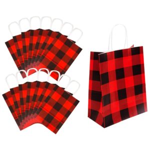 iceyyyy 15pieces red and black buffalo plaid kraft bags paper gift bag with handle for valentine's day, mother's day, halloween, thanksgiving, christmas, party, wedding gift