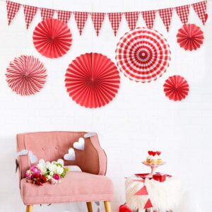 Red and White Checkered Gingham Pennant Banner with Hanging Paper Fans Set for Picnic BBQ Birthday Wedding Party Decoration