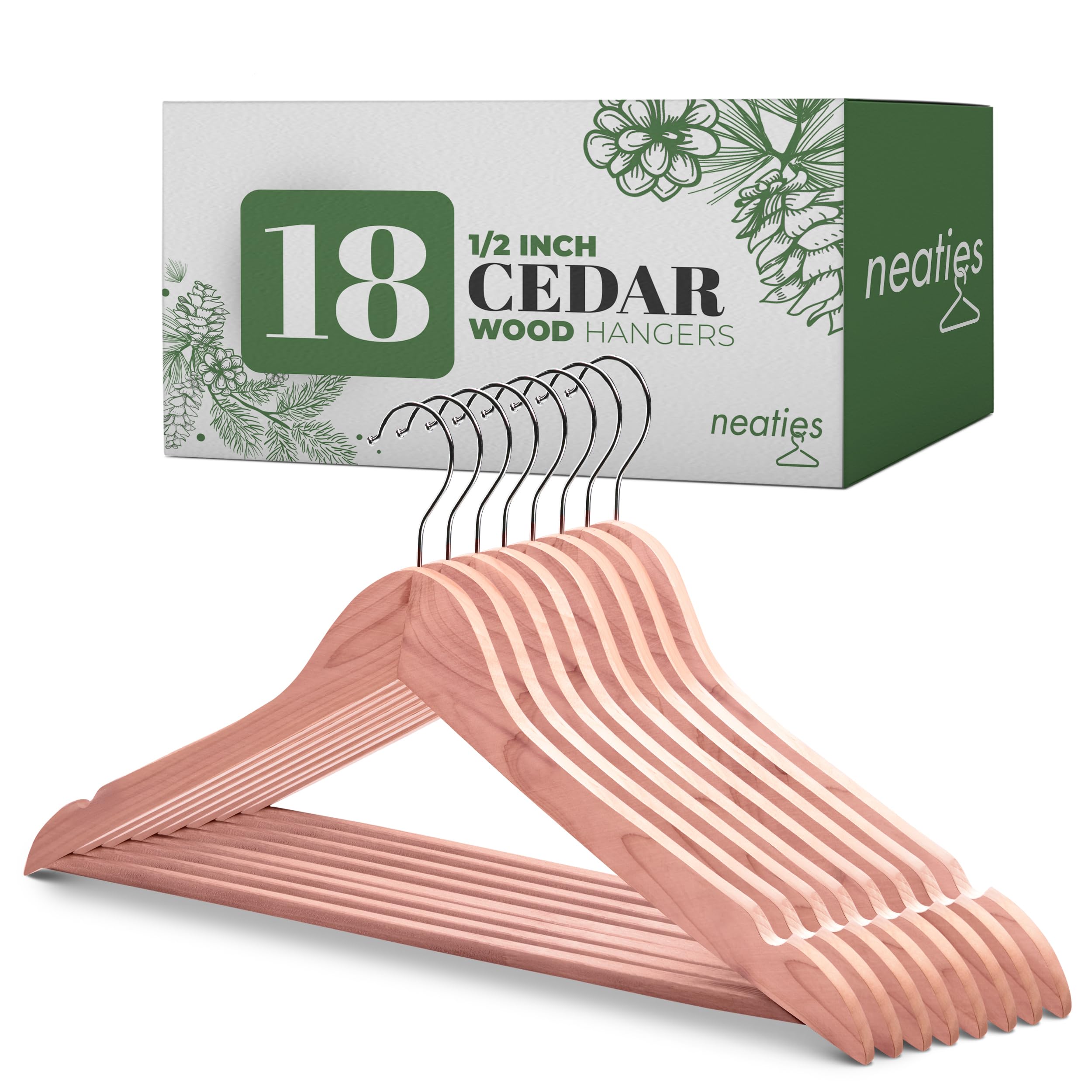 Neaties Premium Red Cedar Hangers for Closet 1/2" Thick Cedarwood Hangers with Bar - Cedar Pant Bar Cedar Jacket Hangers Cedar Suit Hangers Wooden Hangers Cedar Coat Hangers (18 Pack)