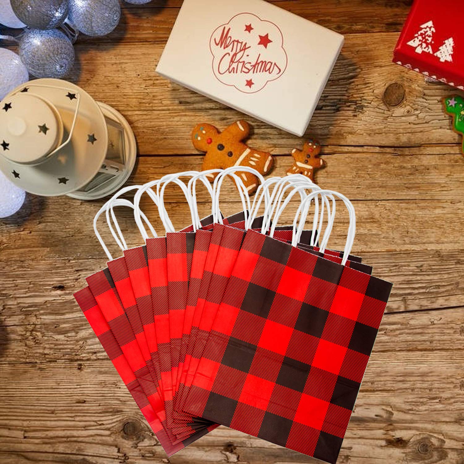 Iceyyyy 15Pieces Red and Black Buffalo Plaid Kraft Bags Paper Gift Bag with Handle for Valentine's Day, Mother's Day, Halloween, Thanksgiving, Christmas, Party, Wedding Gift