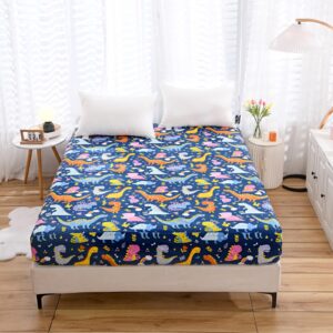 NATURETY Soft Bedding Fitted Sheet with Deep Pocket,Thicken Fabric Dino Printed Bed Sheets for Teens (Navy Blue(Dinosaur), Twin)