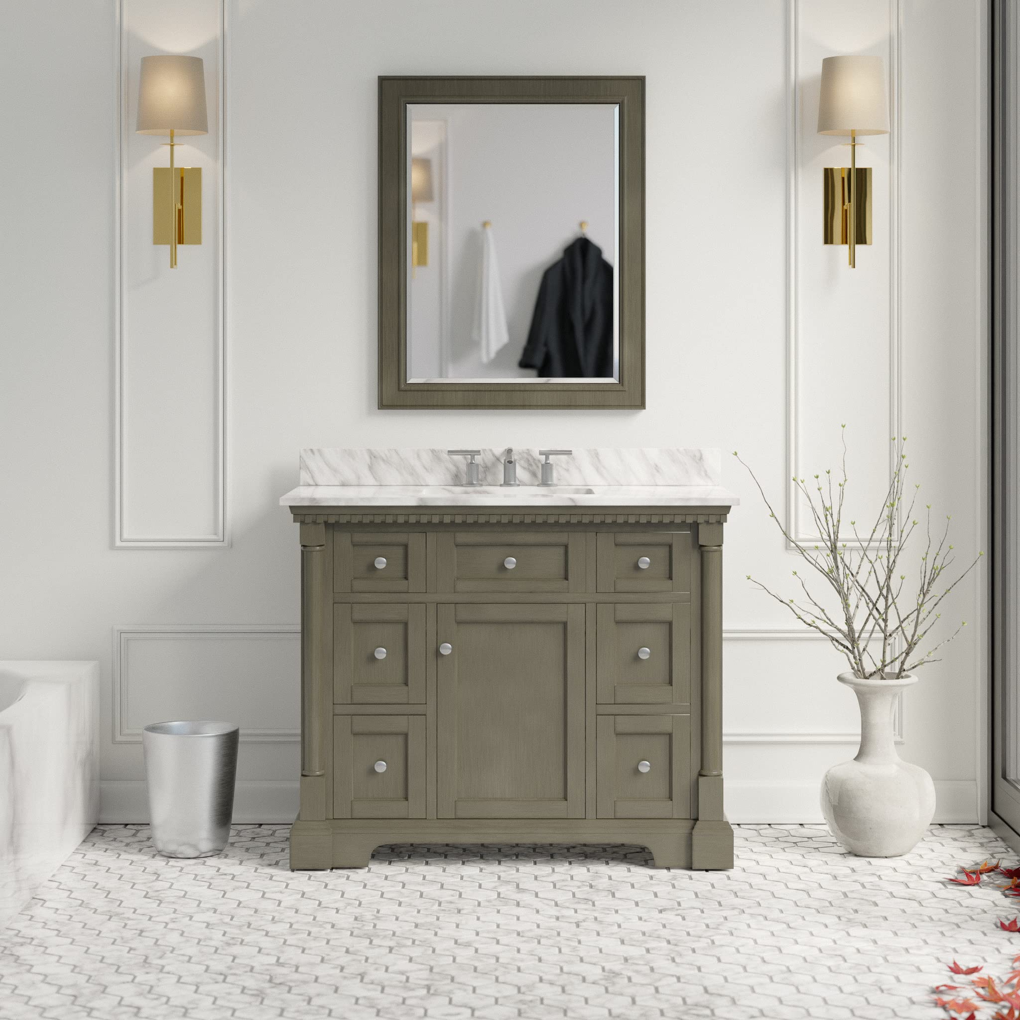 Sydney 42-inch Bathroom Vanity (Carrara/Weathered Gray): Includes Weathered Gray Cabinet with Authentic Italian Carrara Marble Countertop and White Ceramic Sink