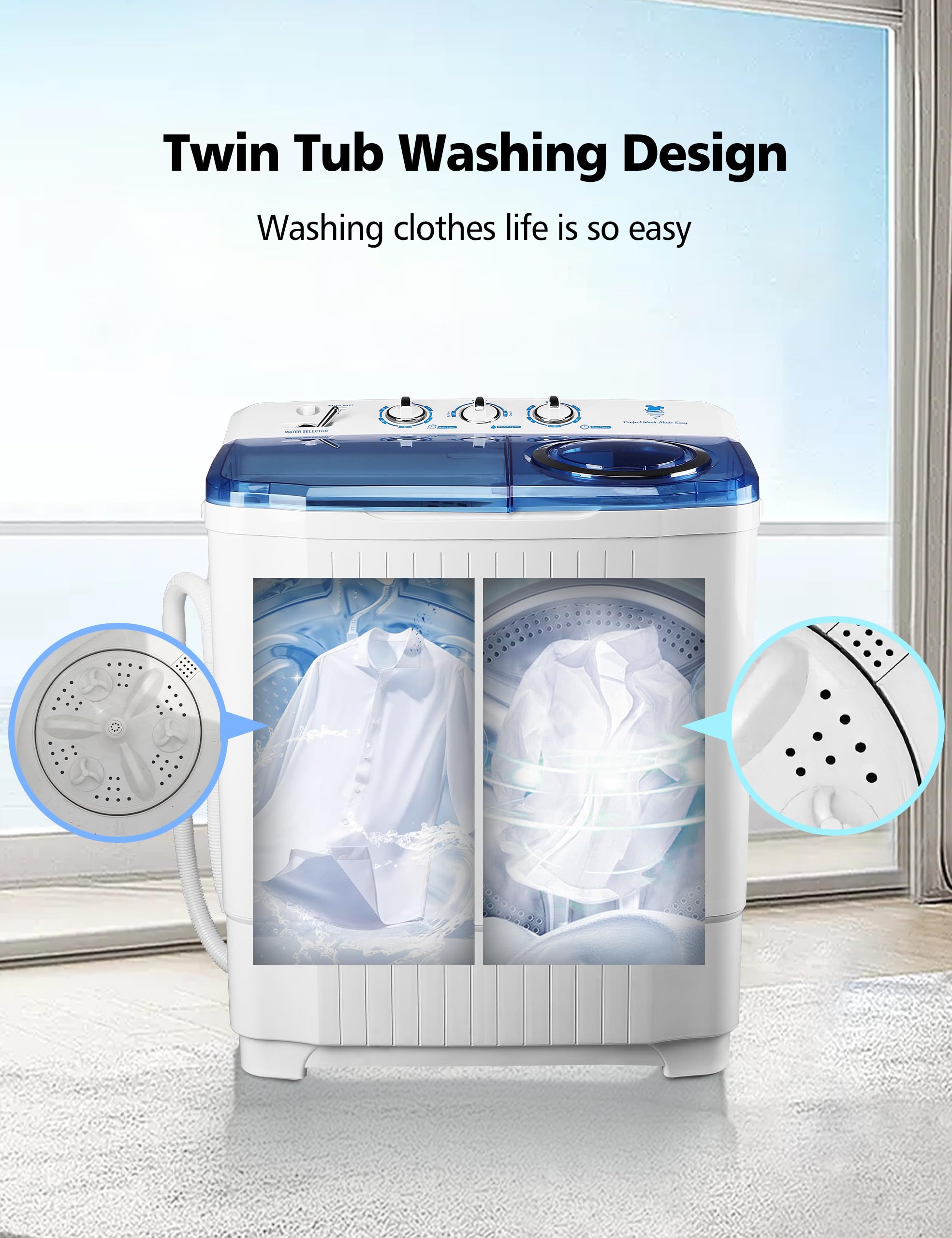 Cucina Magica Portable Twin Tub Washing Machine - 28Lbs Capacity for Apartments, RVs, Dorms, and Camping - 18Lbs Washer, 10Lbs Spinner Combo, Quiet with Drain Pump, Semi-Automatic Control