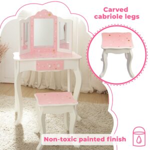 Teamson Kids Princess Gisele Twinkle Star Print 2-Piece Kids Wooden Play Vanity Set with Vanity Table, Tri-Fold Mirror, Storage Drawer, and Matching Stool, White with Pink and Gold Star Accent