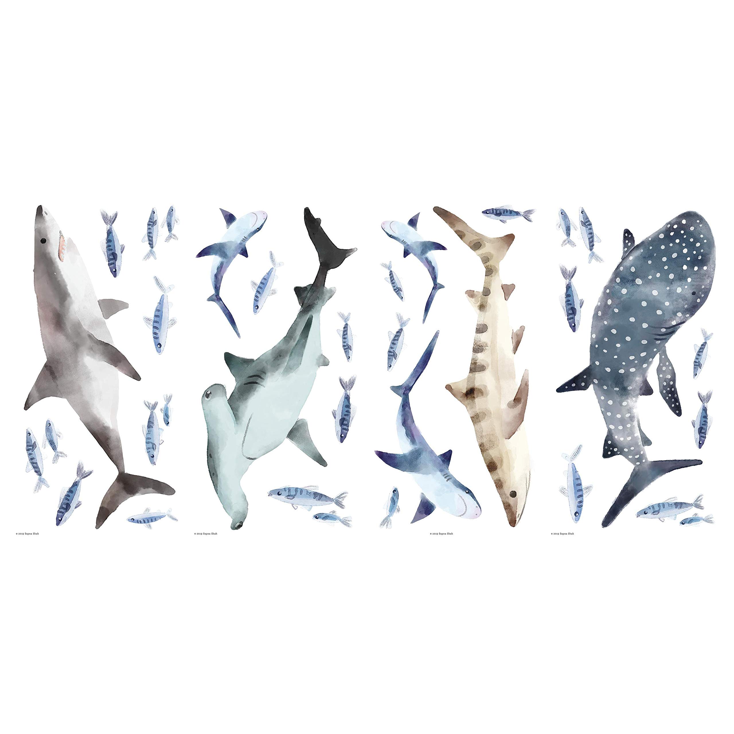 RoomMates RMK4311SCS Sharks Peel and Stick Wall Decals, Blue, Gray, White