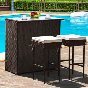 tangkula patio bar set, 3 piece outdoor rattan wicker bar set with 2 cushions stools & glass top table, outdoor furniture set for patios backyards porches gardens poolside (beige)