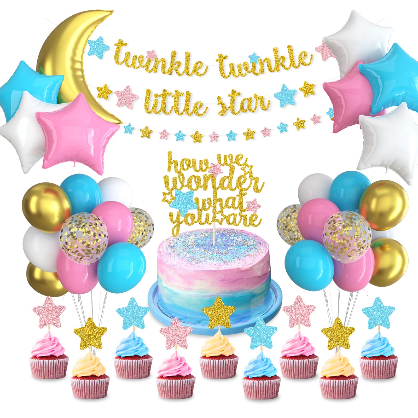 Twinkle Twinkle Little Star Party Decor Gender Reveal Birthday Party Decorations Pinkk Blue Gold Star Banner Cake Topper Balloons Moon and Star Boy or Girl He or She Baby Shower Supplies