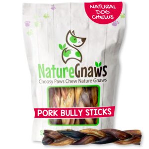 nature gnaws braided pork bully sticks for dogs 5-6" (20 count) - long lasting for small and medium dogs - natural bacon dog chew treats - rawhide free