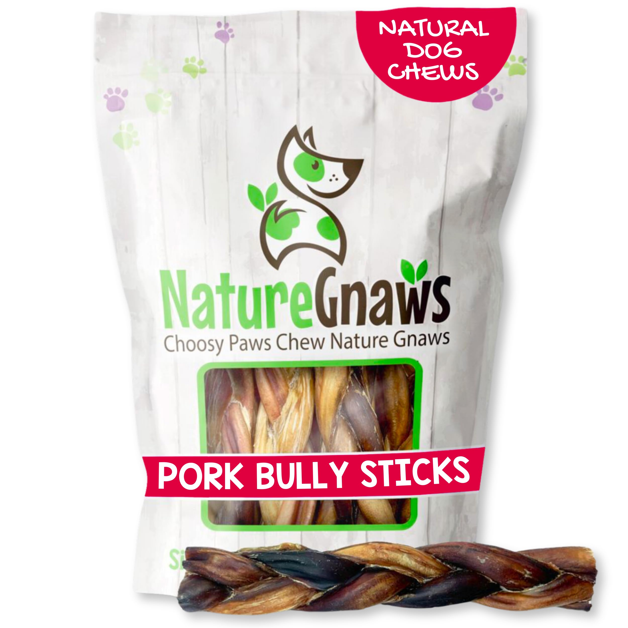 Nature Gnaws Braided Pork Bully Sticks for Dogs 5-6" (20 Count) - Long Lasting for Small and Medium Dogs - Natural Bacon Dog Chew Treats - Rawhide Free